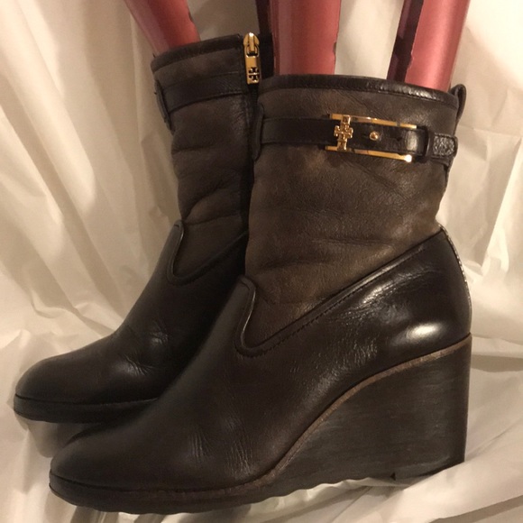 Tory Burch | Shoes | Tory Burch Brown Leather Wedge Boots Booties 85 ...